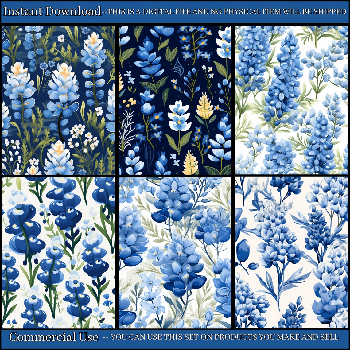 Bluebonnet Seamless Patterns Bundle, Rich 400 DPI, 10x10 Inch Floral ...