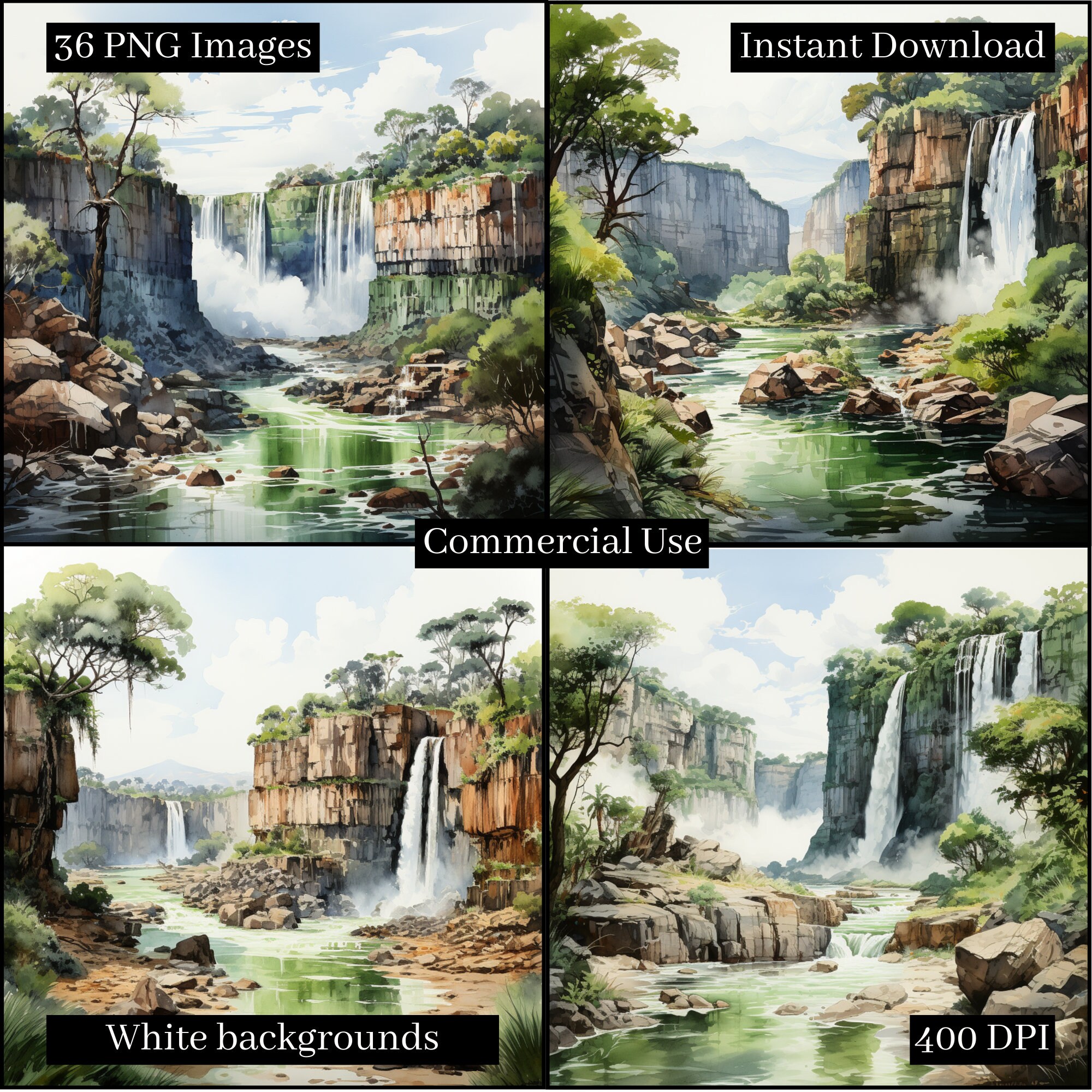 African Waterfalls Clipart Bundle PNG Files, 400 DPI, for Personal and ...