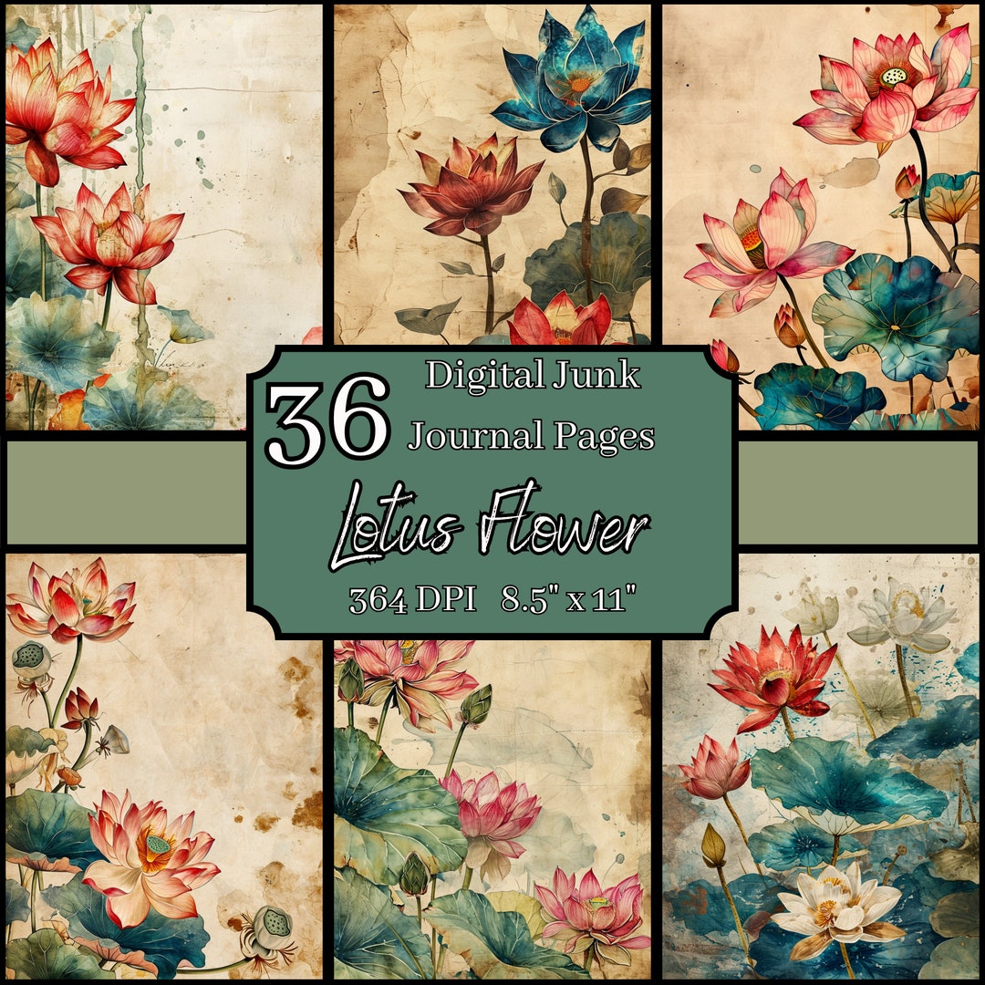 Lotus Flower Themed Old Vintage Junk Journal Pages Bundle, 8.5x11, 364 ...