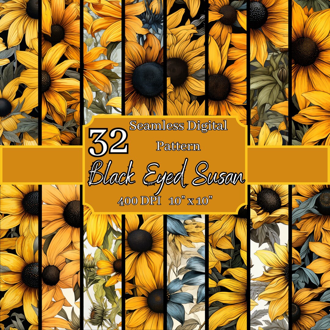 Black Eyed Susan Drypoint Seamless Patterns Bundle, Natural 400 DPI ...