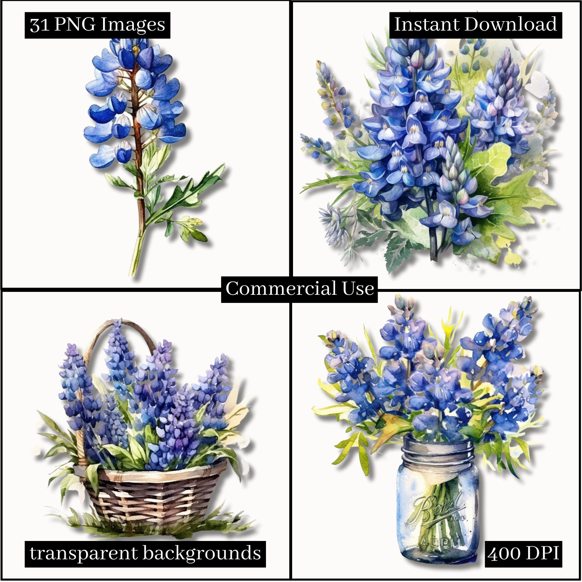 Bluebonnet Clipart Bundle High-resolution PNG Files, Instant Download ...