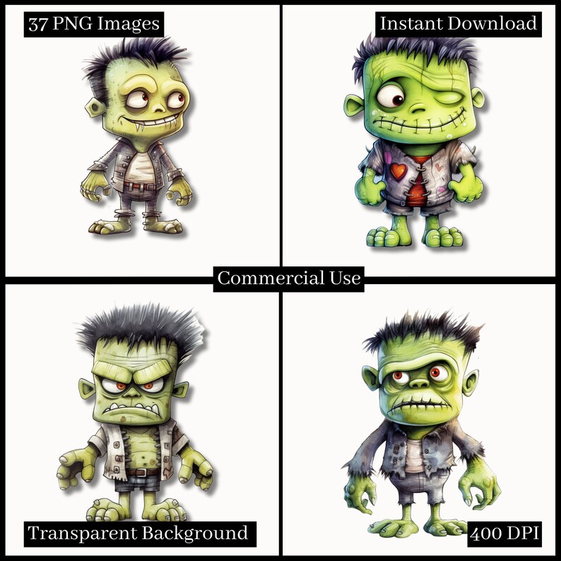 Cute Cartoon Frankenstein Monster Clipart Bundle, PNG, for Digital Art ...