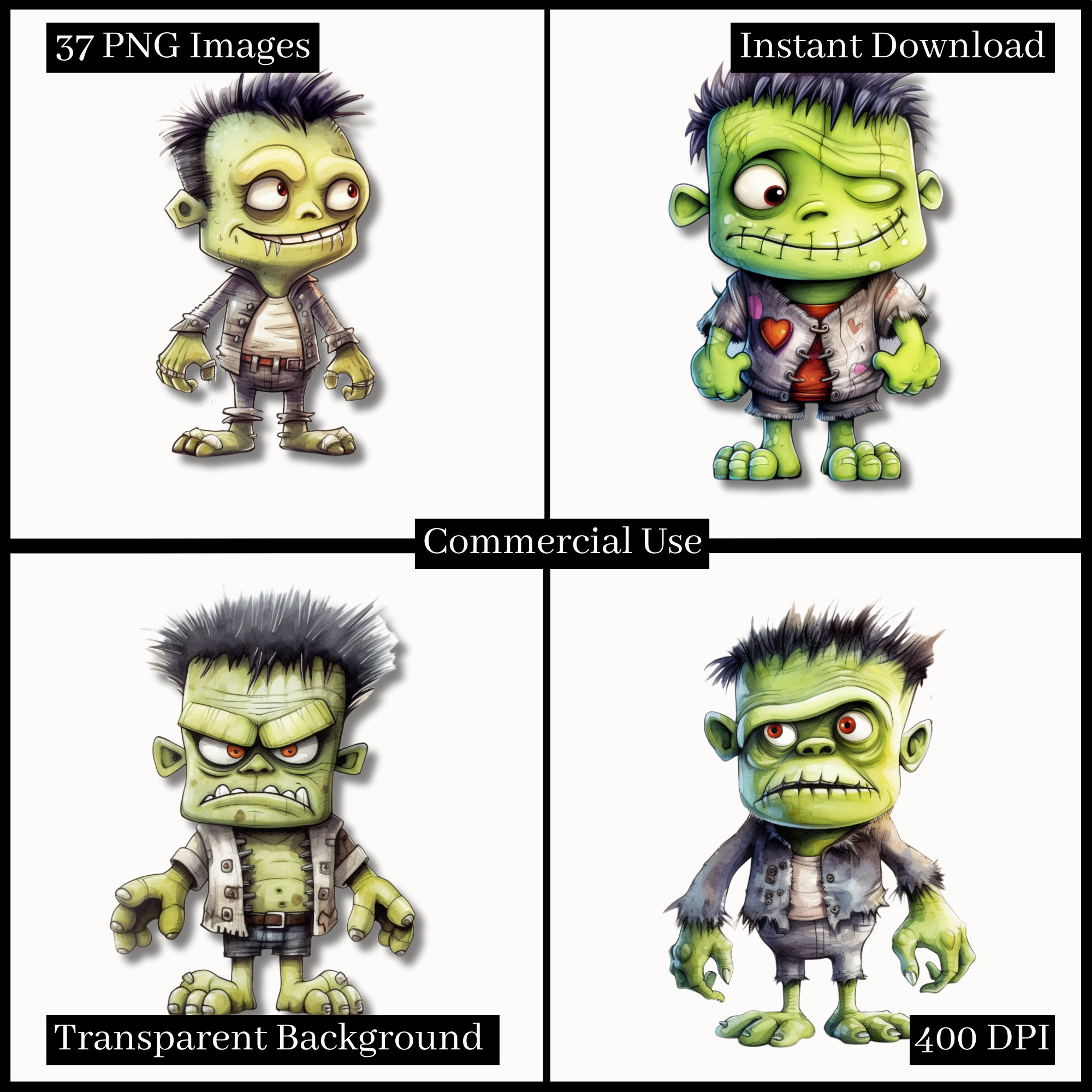 Cute Cartoon Frankenstein Monster Clipart Bundle, PNG, for Digital Art ...