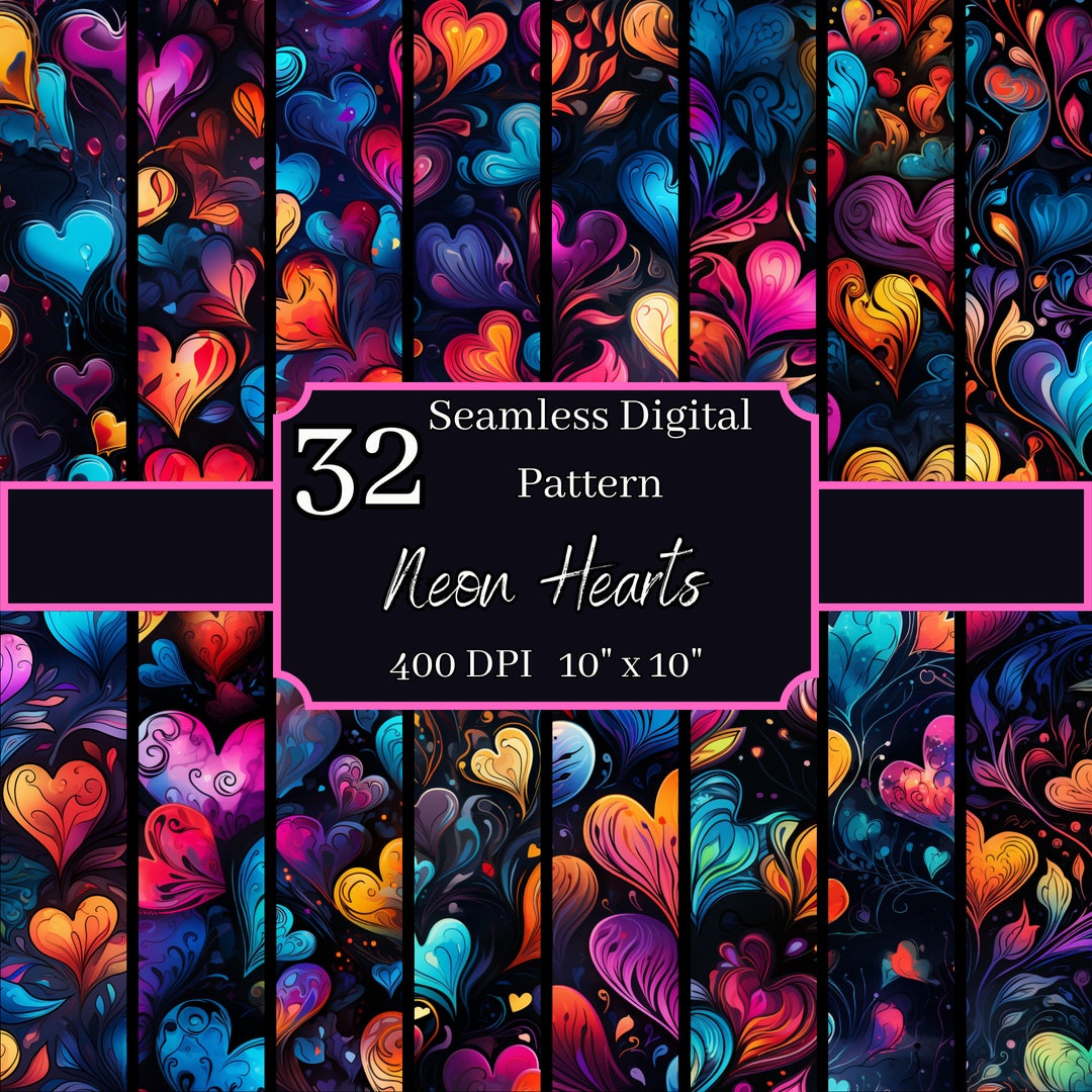 Neon Watercolor Hearts Seamless Patterns Bundle, Vibrant 400 DPI, 10x10 ...