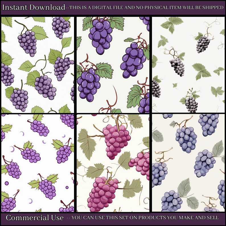 Minimalistic Grapes Seamless Patterns Bundle, Refined 400 DPI, 10x10 ...