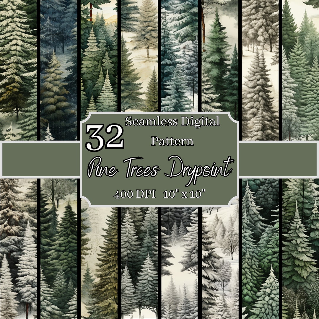 Pine Trees Drypoint Seamless Patterns Bundle, High-resolution 400 DPI ...