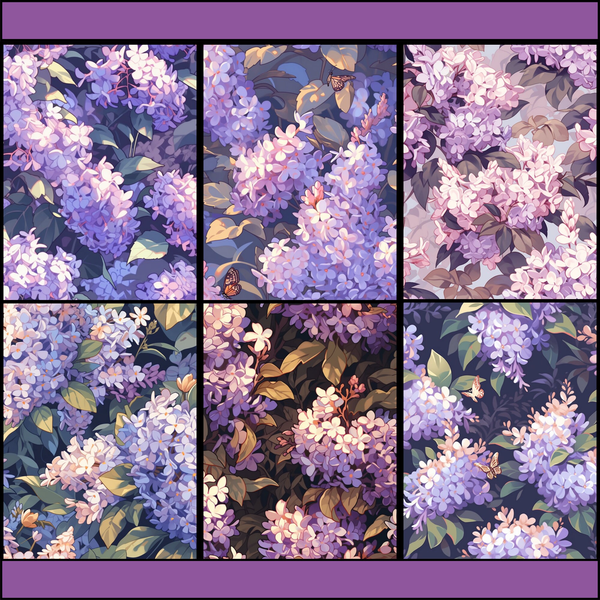Lilacs Anime-inspired Seamless Patterns Bundle, Vibrant 400 DPI, 10x10 ...