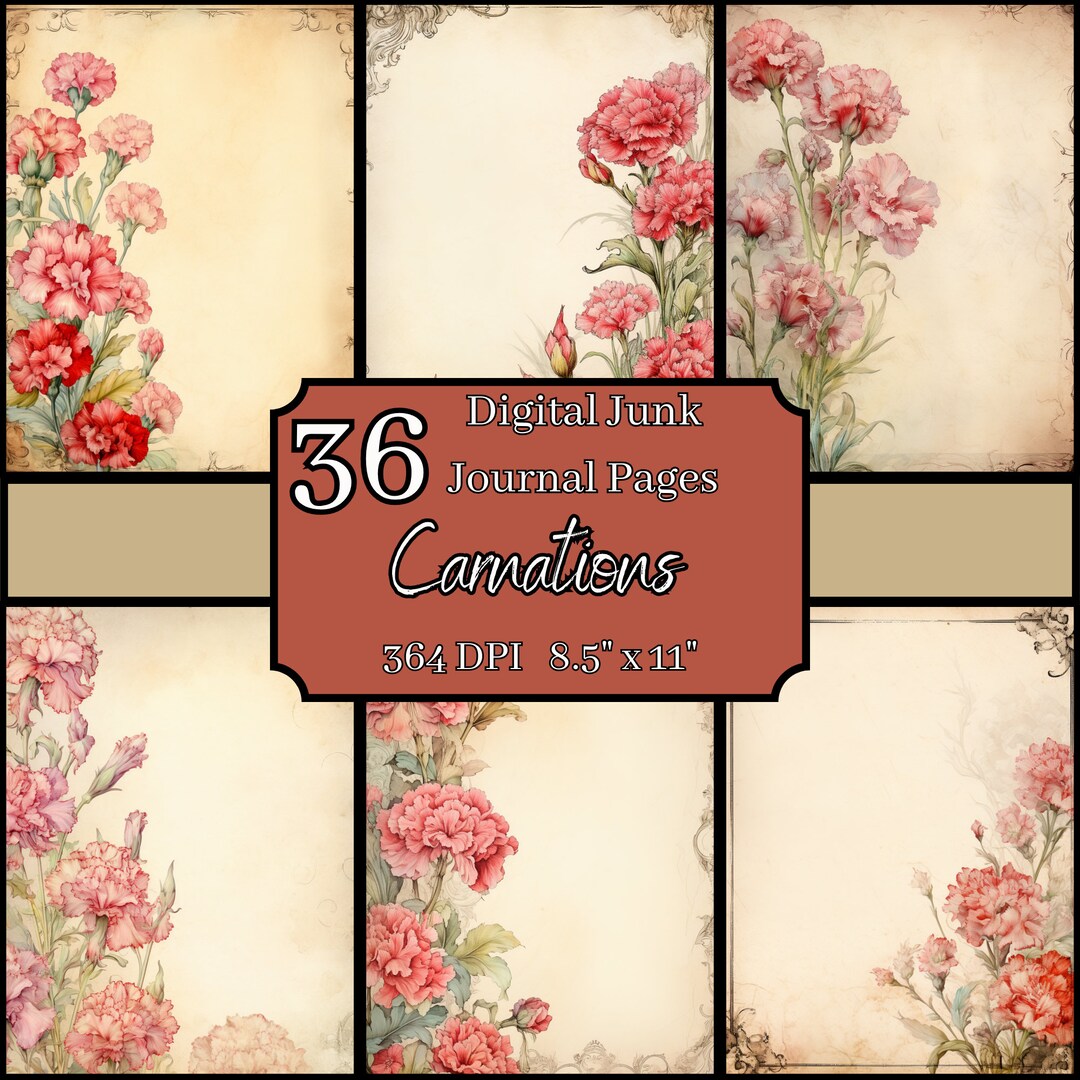 Carnations Vintage Junk Journal Pages Bundle, 8.5x11, 364 DPI ...