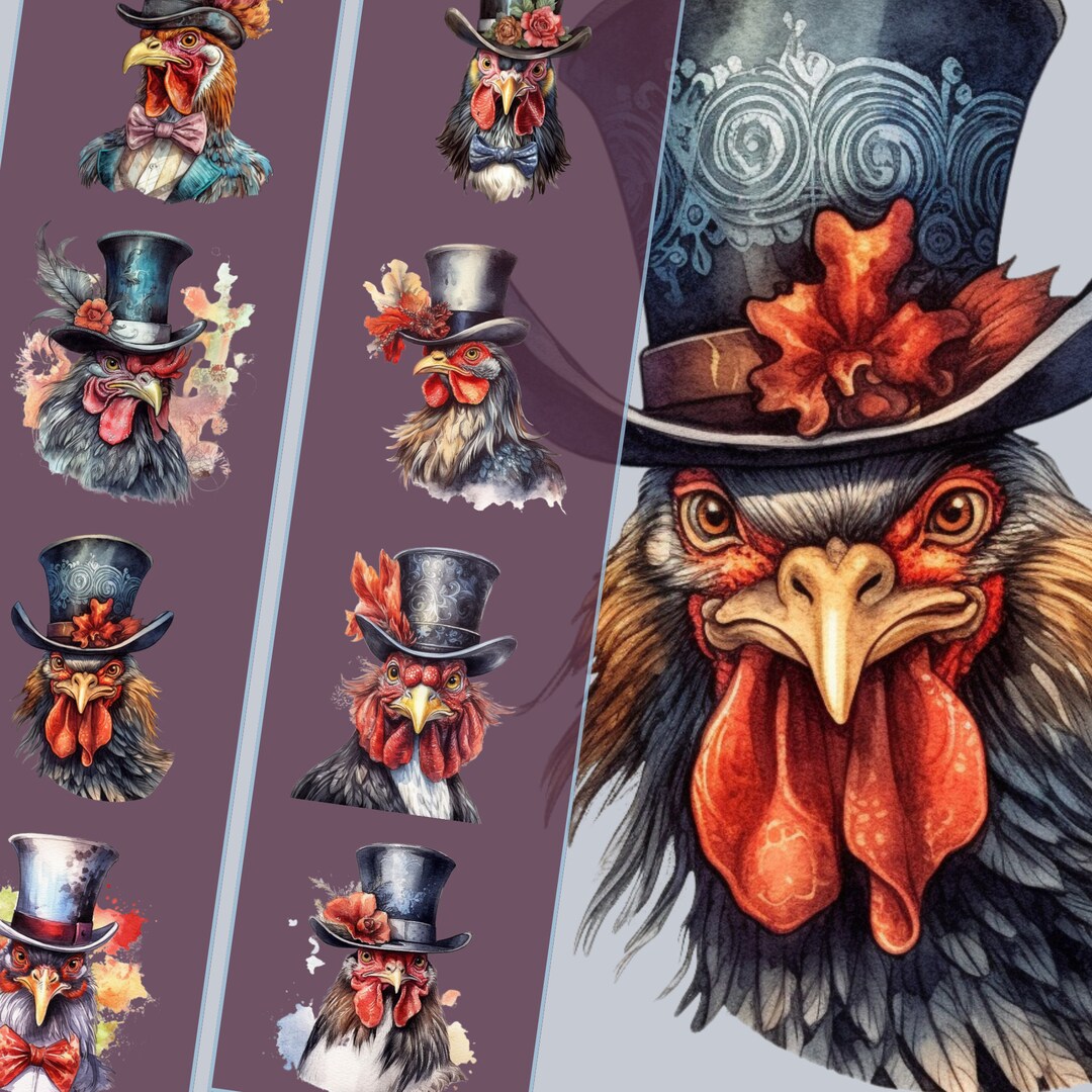 Roosters in Top Hats Clipart Collection PNG Graphics, for DIY Projects ...