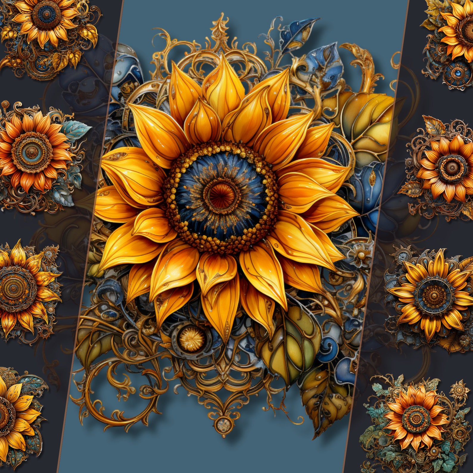Steampunk Sunflower Clipart Bundle, Mechanical Floral PNG Clipart, for ...