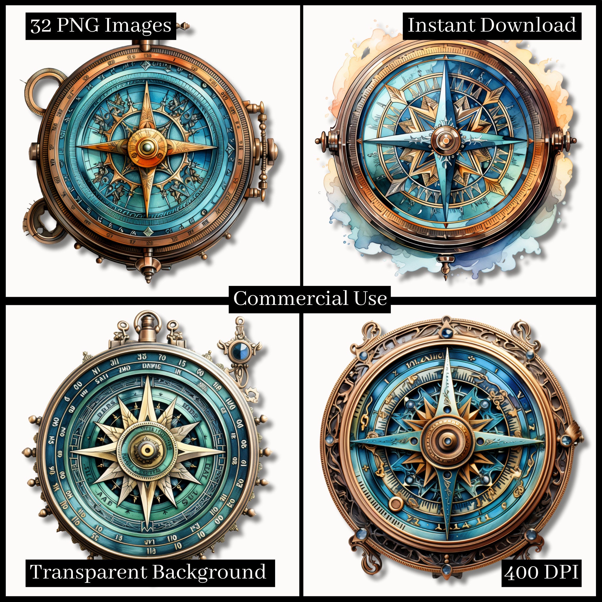 Compass Clipart Bundle Nautical Clipart PNG Files, for Personal and ...