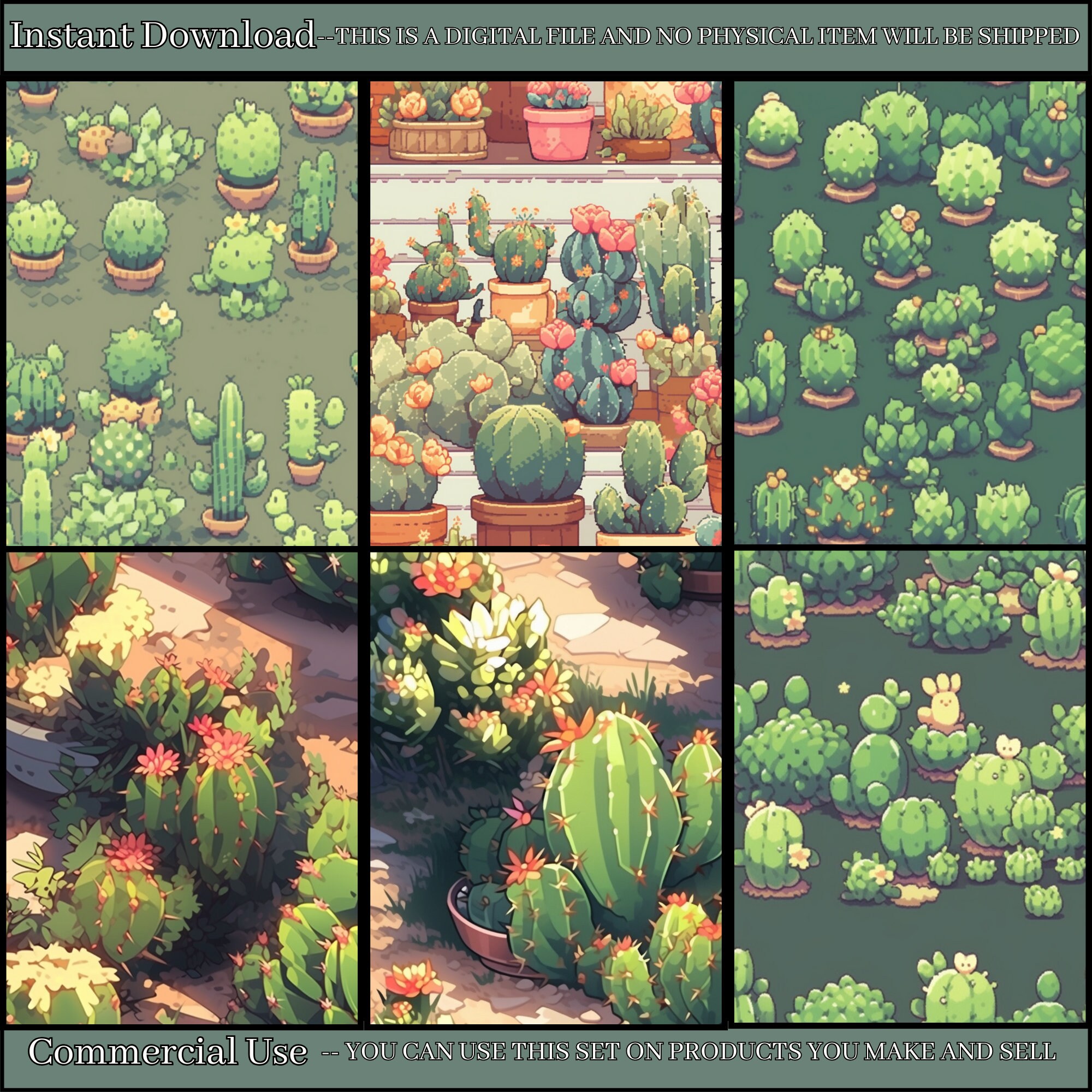 Cactus Anime-inspired Seamless Patterns Bundle, Whimsical 400 DPI ...