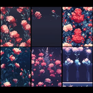 Carnations Pixel Art Inspired Floral Seamless Patterns Bundle, 400 DPI, 10x10 Inch Digital ...