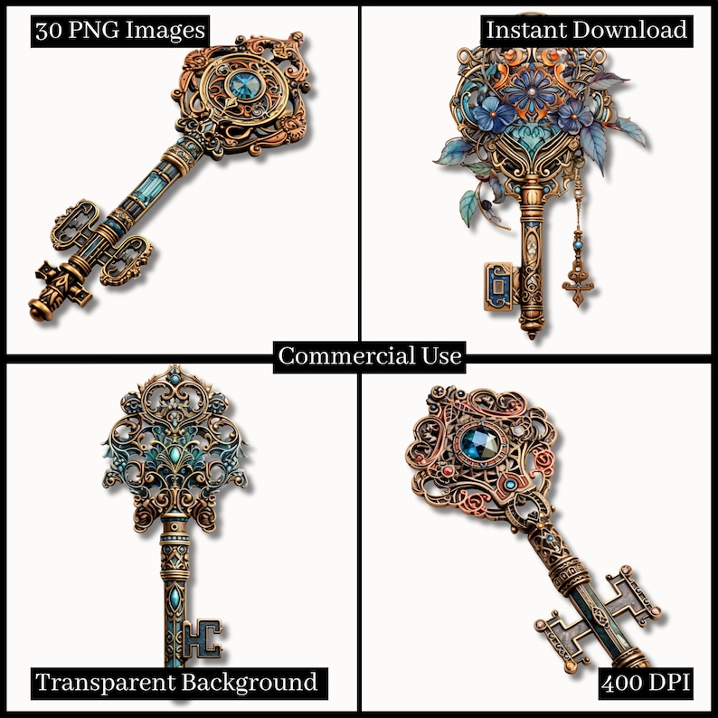 Ornate Key Clipart Bundle, Intricate Key PNG Clipart Illustrations, for ...