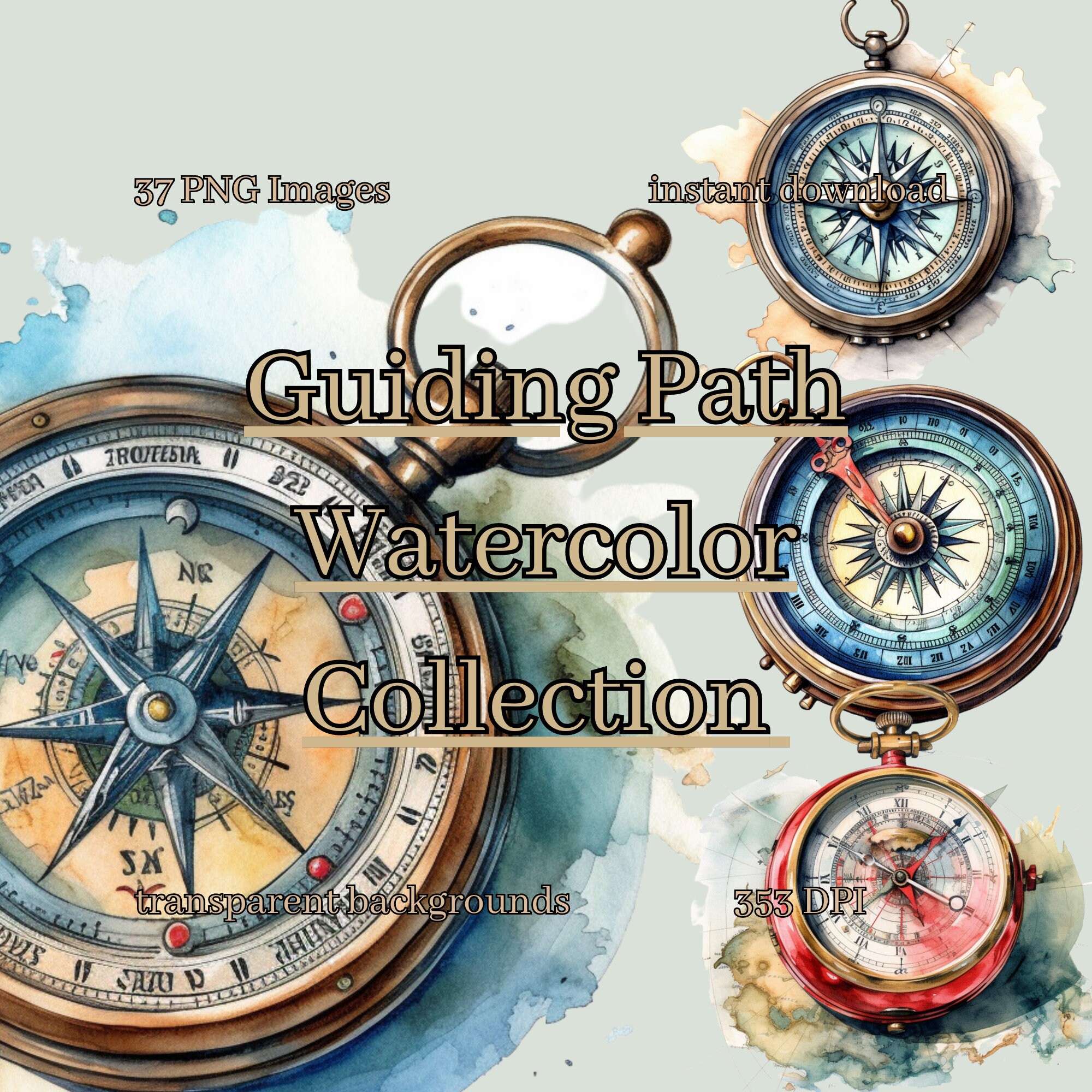 Compass Clipart in Guiding Path Watercolor Collection Detailed Clipart in PNG Format Instant ...