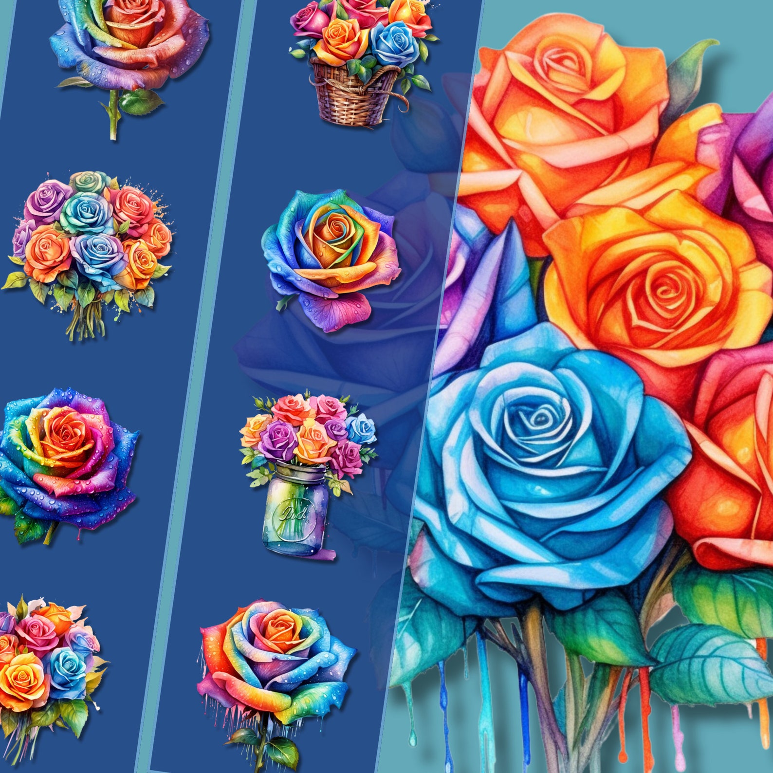 Rainbow Rose Clipart Bundle High-resolution PNG Files, Instant Download ...