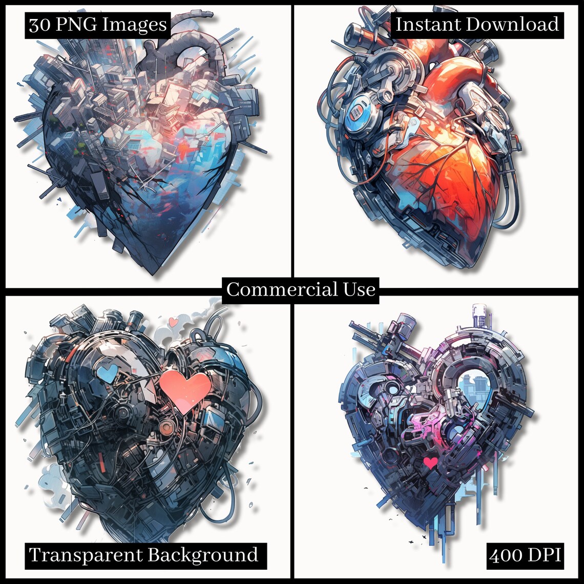 Cyberpunk Heart Clipart Bundle, PNG, Ideal for Digital Art, Junk ...