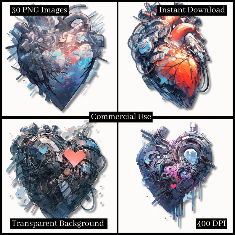 Cyberpunk Heart Clipart Bundle, PNG, Ideal for Digital Art, Junk ...