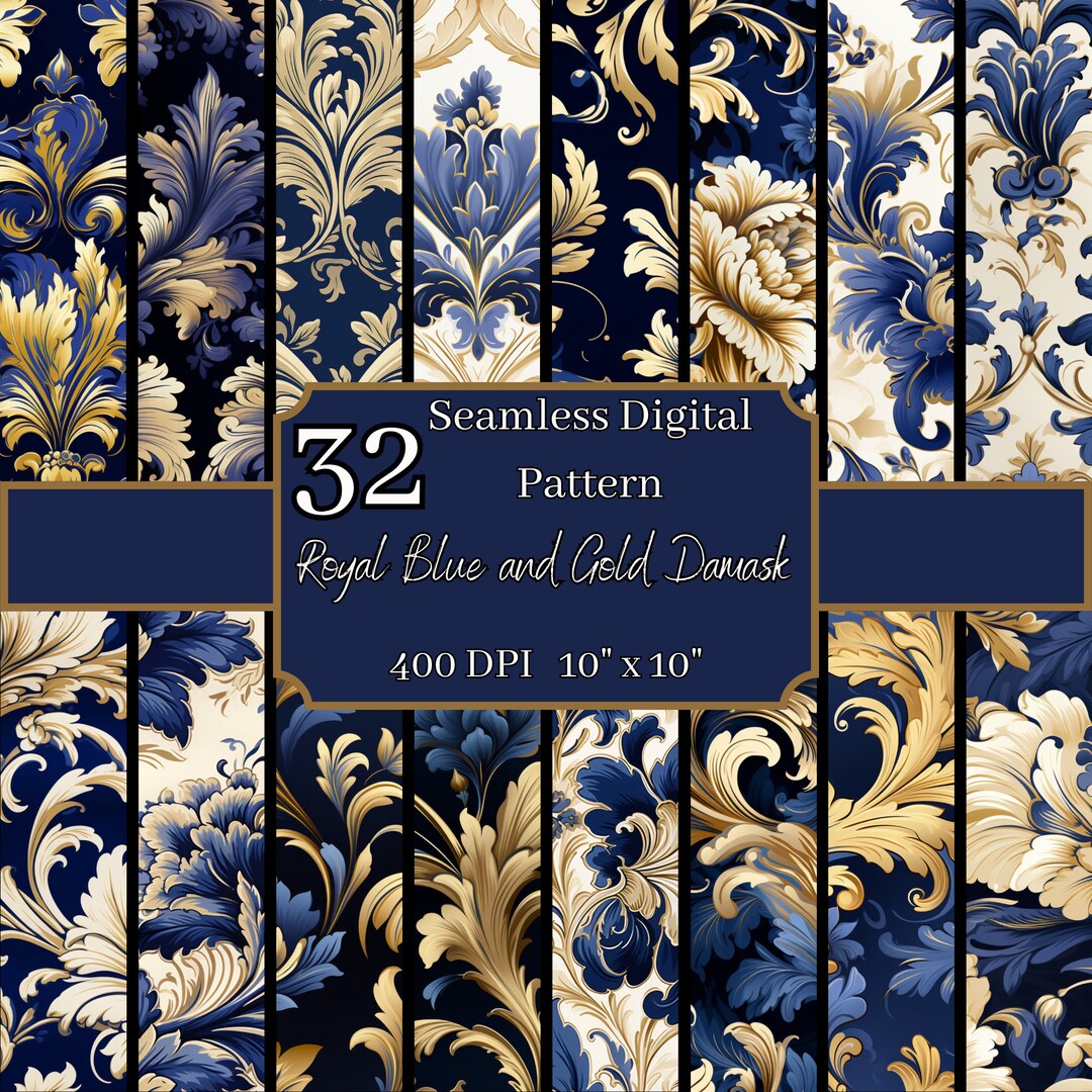 Royal Blue and Gold Damask Seamless Patterns Bundle, High-resolution ...