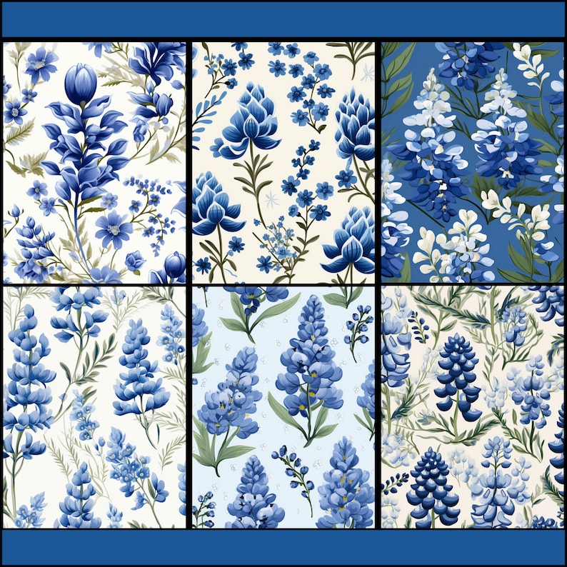 Bluebonnet Seamless Patterns Bundle, Rich 400 DPI, 10x10 Inch Floral ...