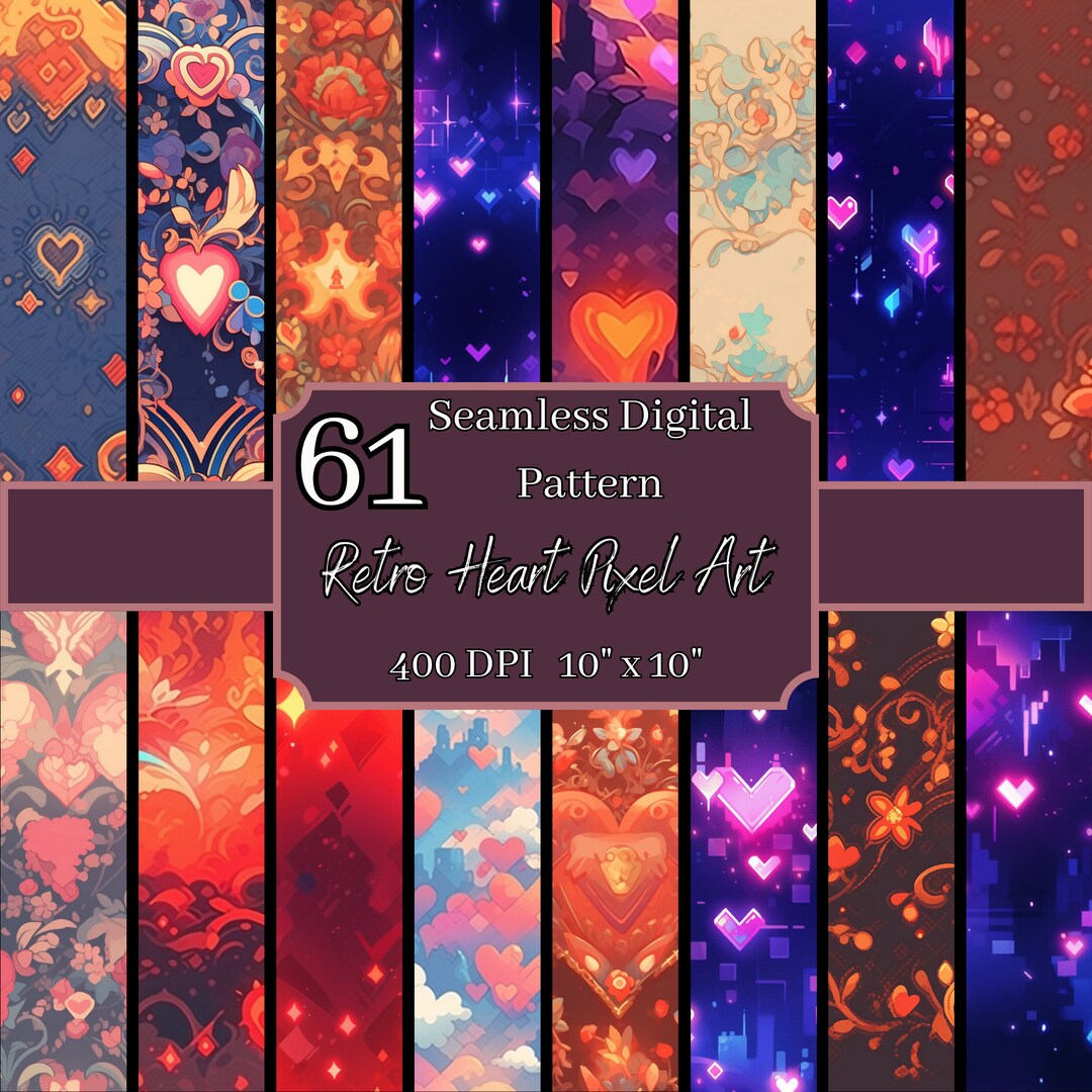 Retro Heart Pixel Art Seamless Patterns Bundle, High-resolution 400 DPI ...
