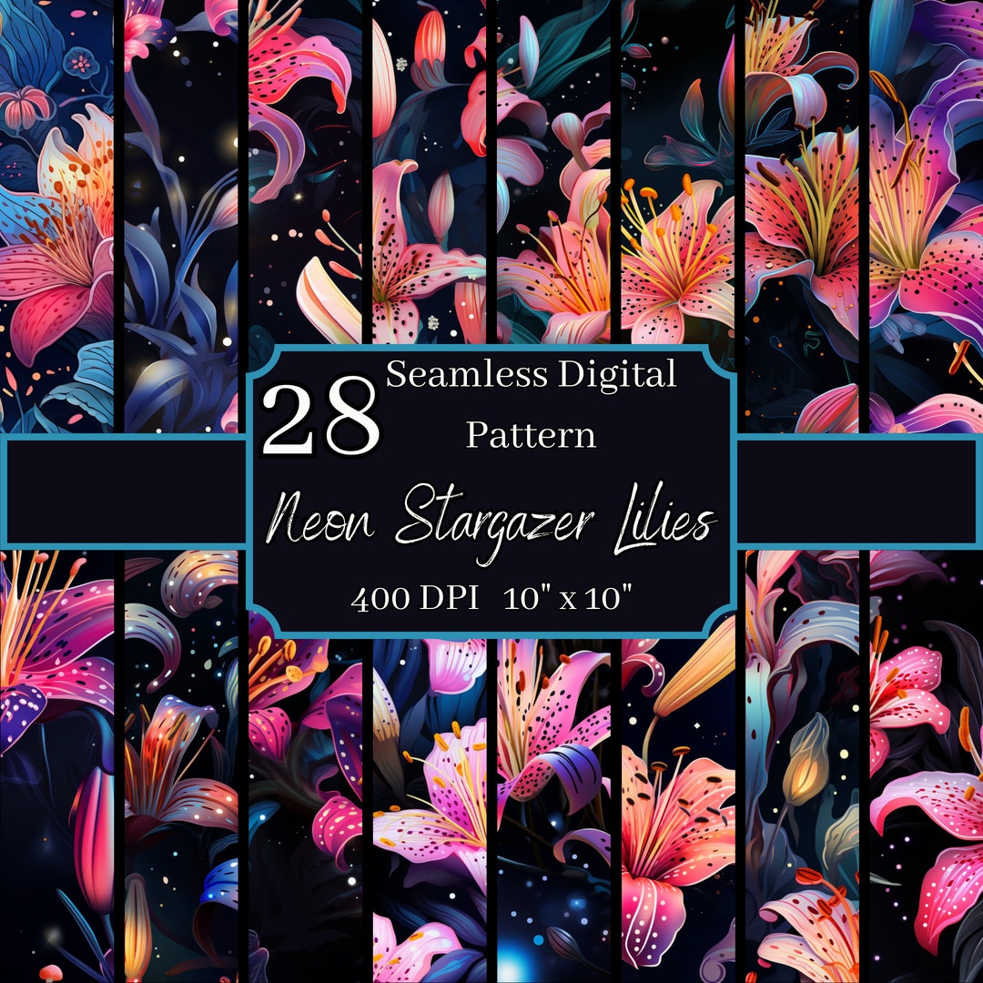 Neon Stargazer Lilies Seamless Patterns Bundle, Luminous 400 DPI, 10x10 ...