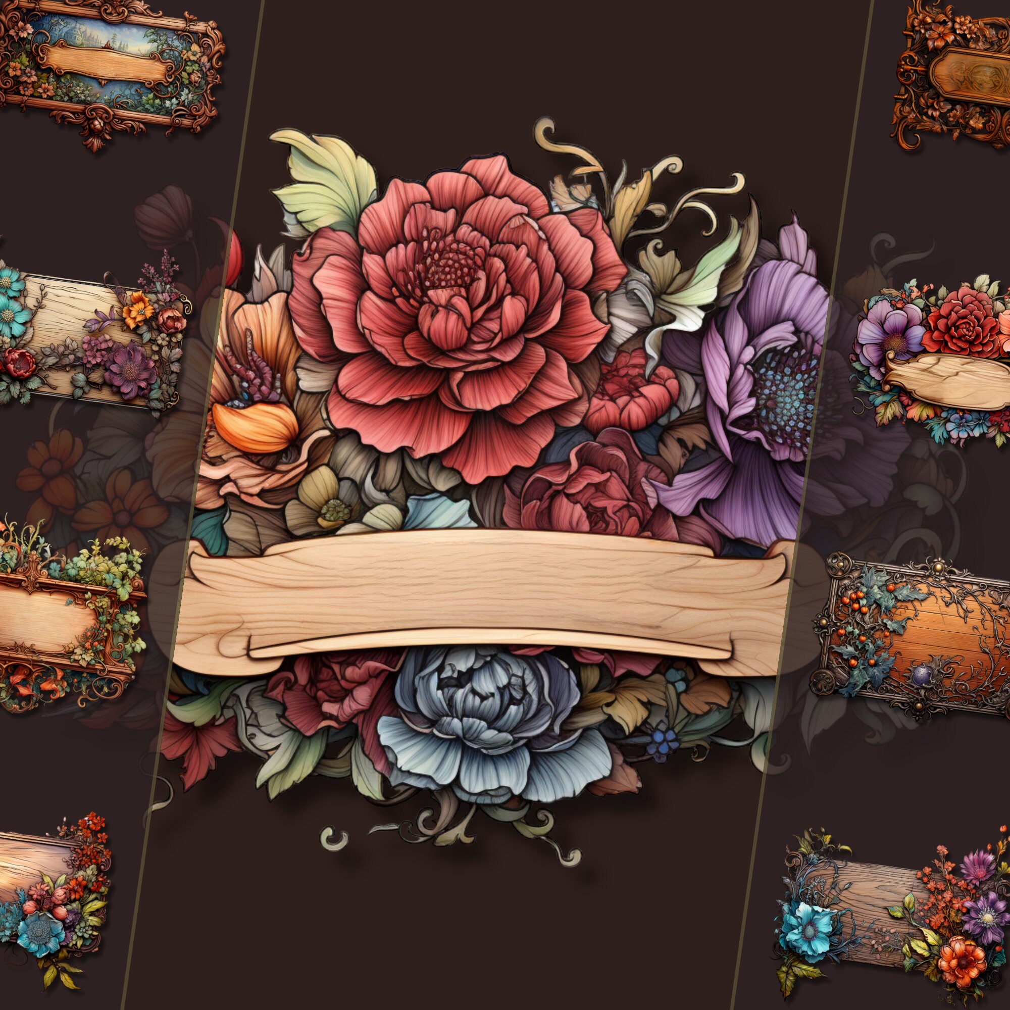 Floral Wooden Name Plate Clipart Bundle, PNG, for Digital Art, Junk ...
