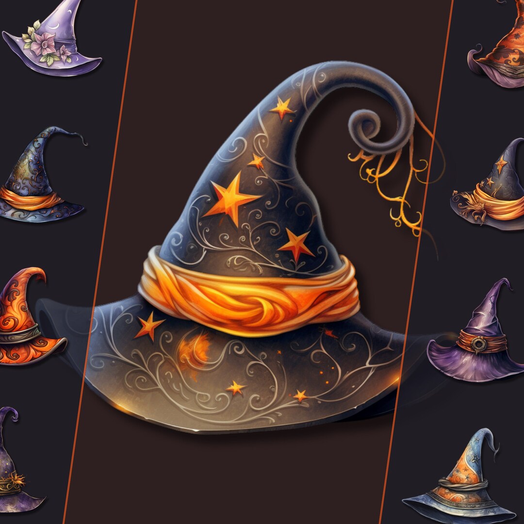 Cute Cartoon Halloween Witch Hat Clipart Bundle, PNG, for Digital Art ...