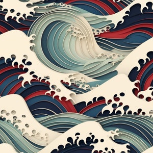 Japanese Waves Papercraft Inspired Seamless Patterns Bundle, High ...