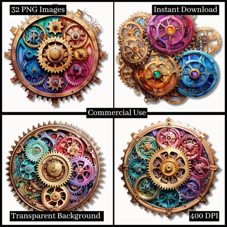 Iridescent Steampunk Cogs and Gears Clipart Bundle, PNG, Digital Art ...