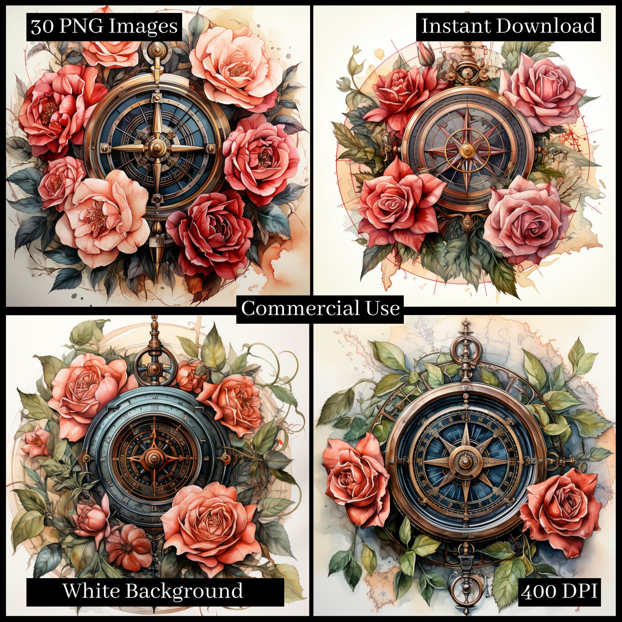Rose Compass Clipart Bundle Elegant Nautical Illustrations - Etsy