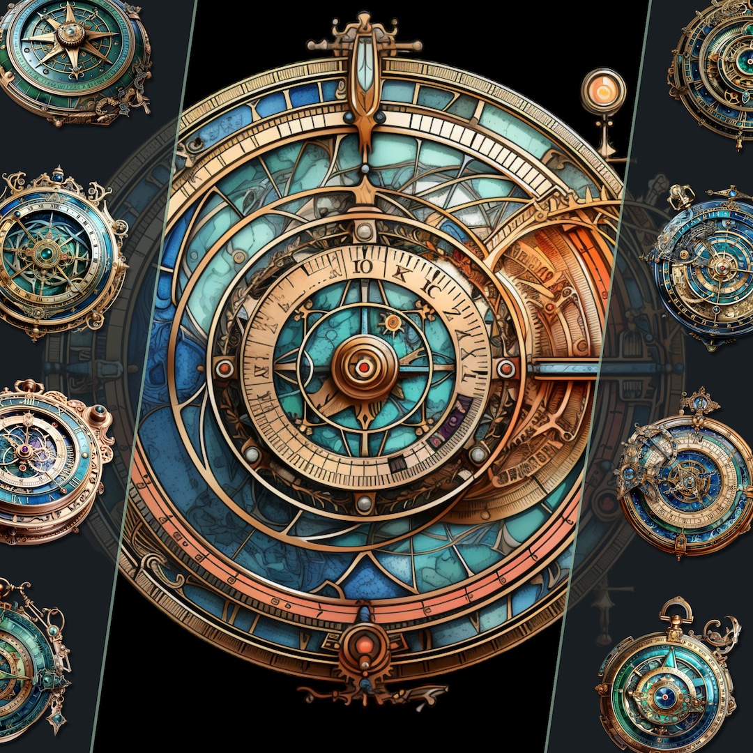 Ornate Astrolabe Clipart Bundle, Intricate Navigational Tool Clipart ...