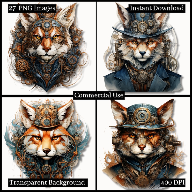 Steampunk Fox Clipart Bundle, PNG Clipart, Mechanical Animal Designs ...