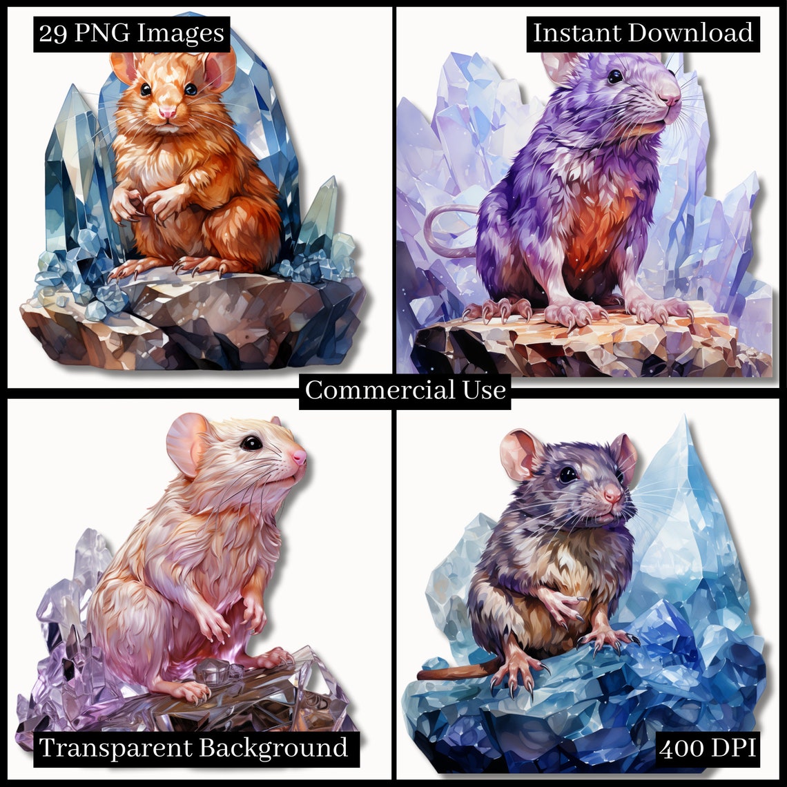 Mystical Crystal Rat Clipart Bundle, PNG Format, Artistic Creations and ...