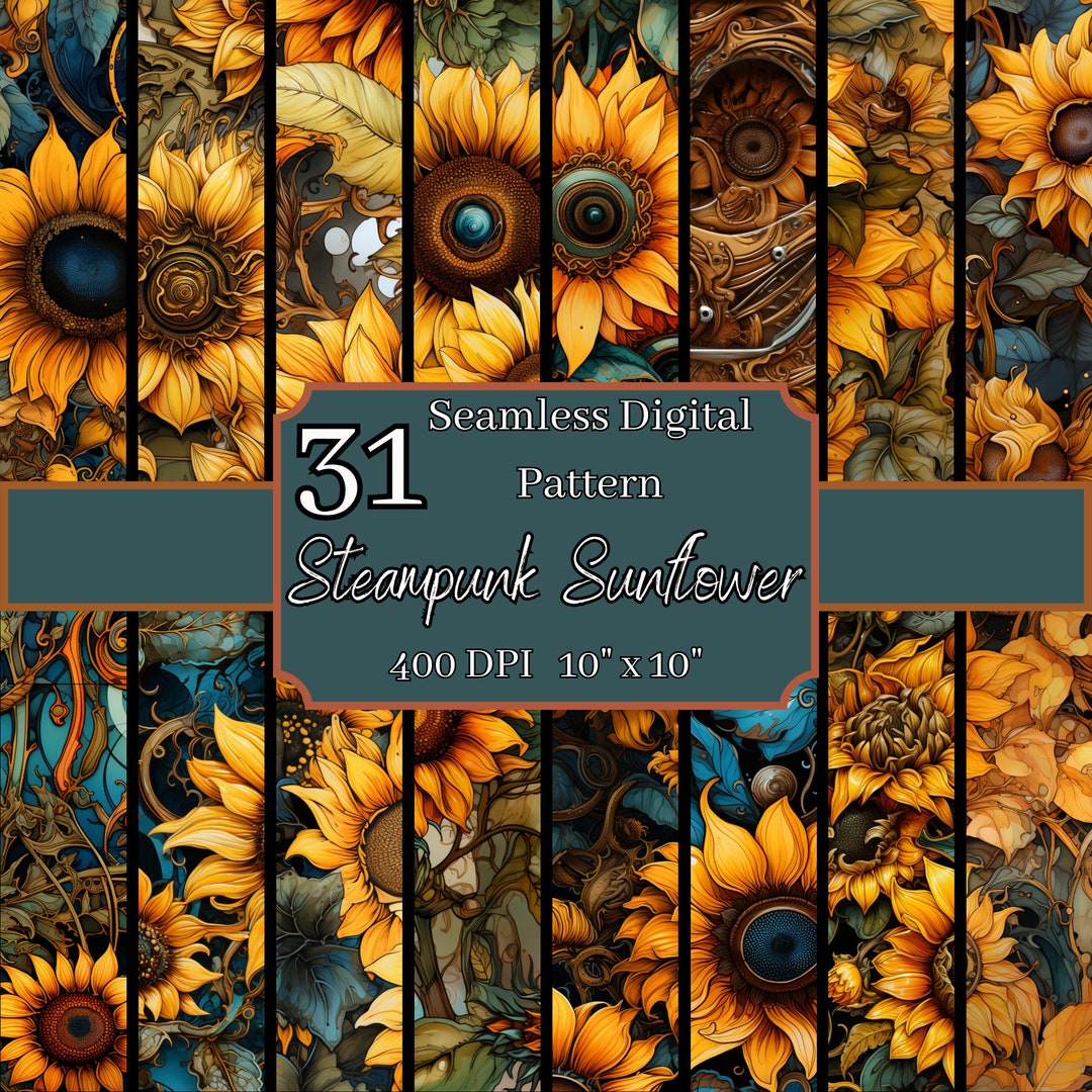 Steampunk Sunflower Seamless Patterns Bundle, High-resolution 400 DPI ...