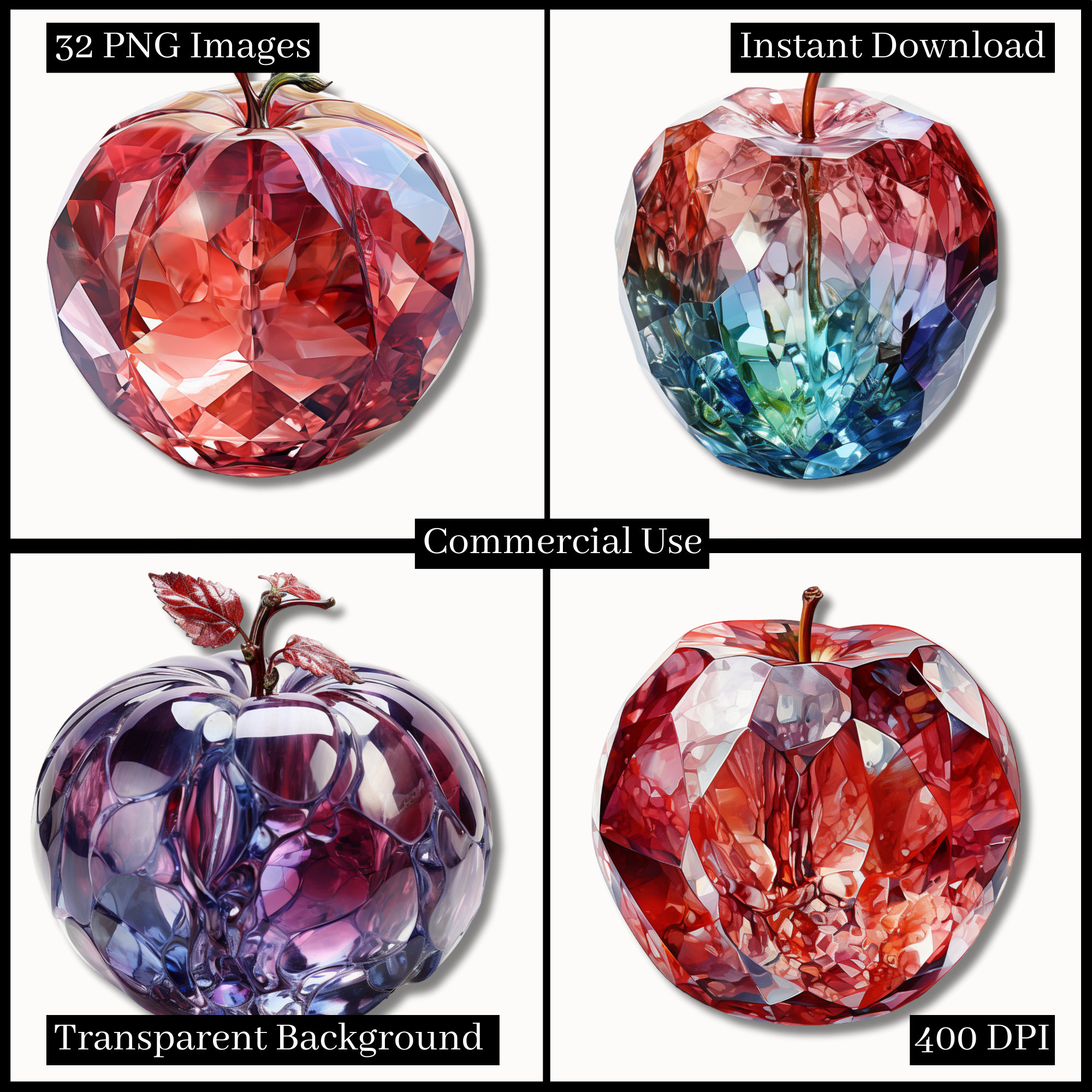 Crystal Apple Clipart Bundle, PNG, Ideal for Digital Art, Junk Journals ...