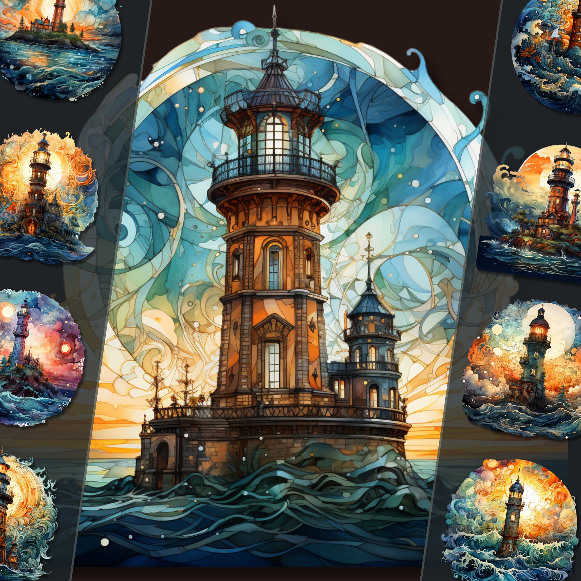 Celestial Mandala Lighthouse Clipart Bundle Mystical Illustrations, High-res Pngs, Transparent ...