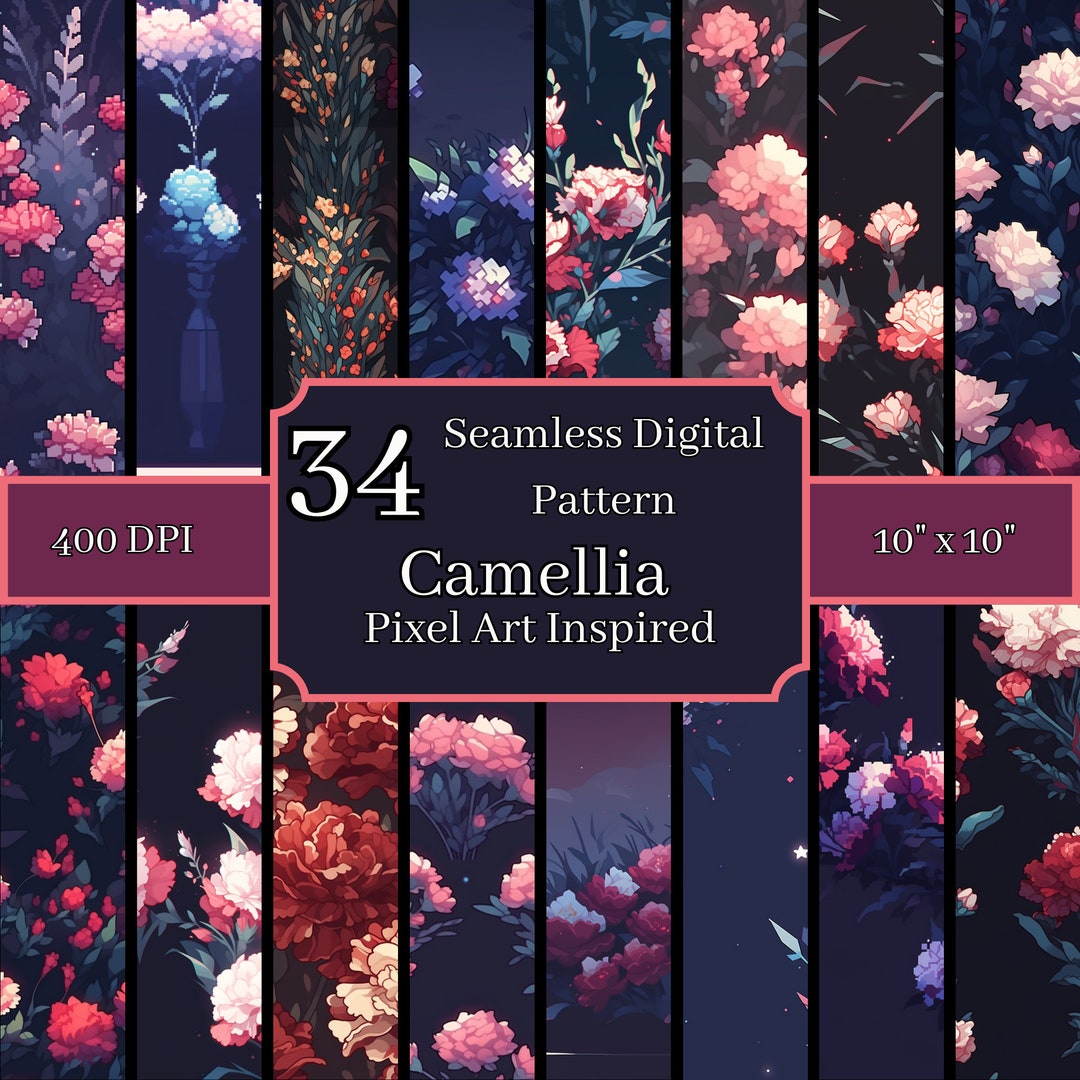 Carnations Pixel Art Inspired Floral Seamless Patterns Bundle, 400 DPI ...