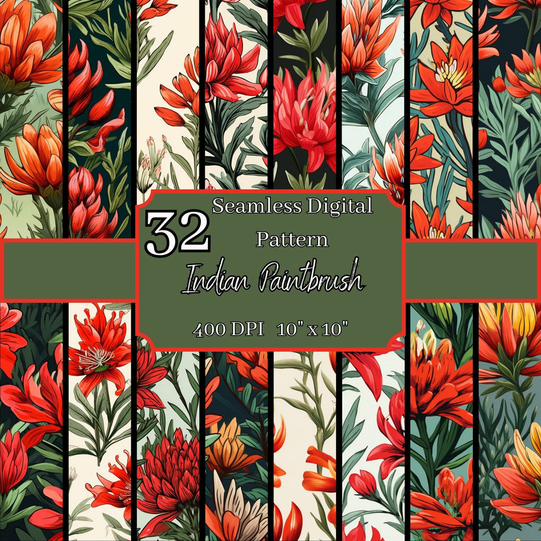 Indian Paintbrush Seamless Patterns Bundle, Vibrant 400 DPI, 10x10 Inch ...