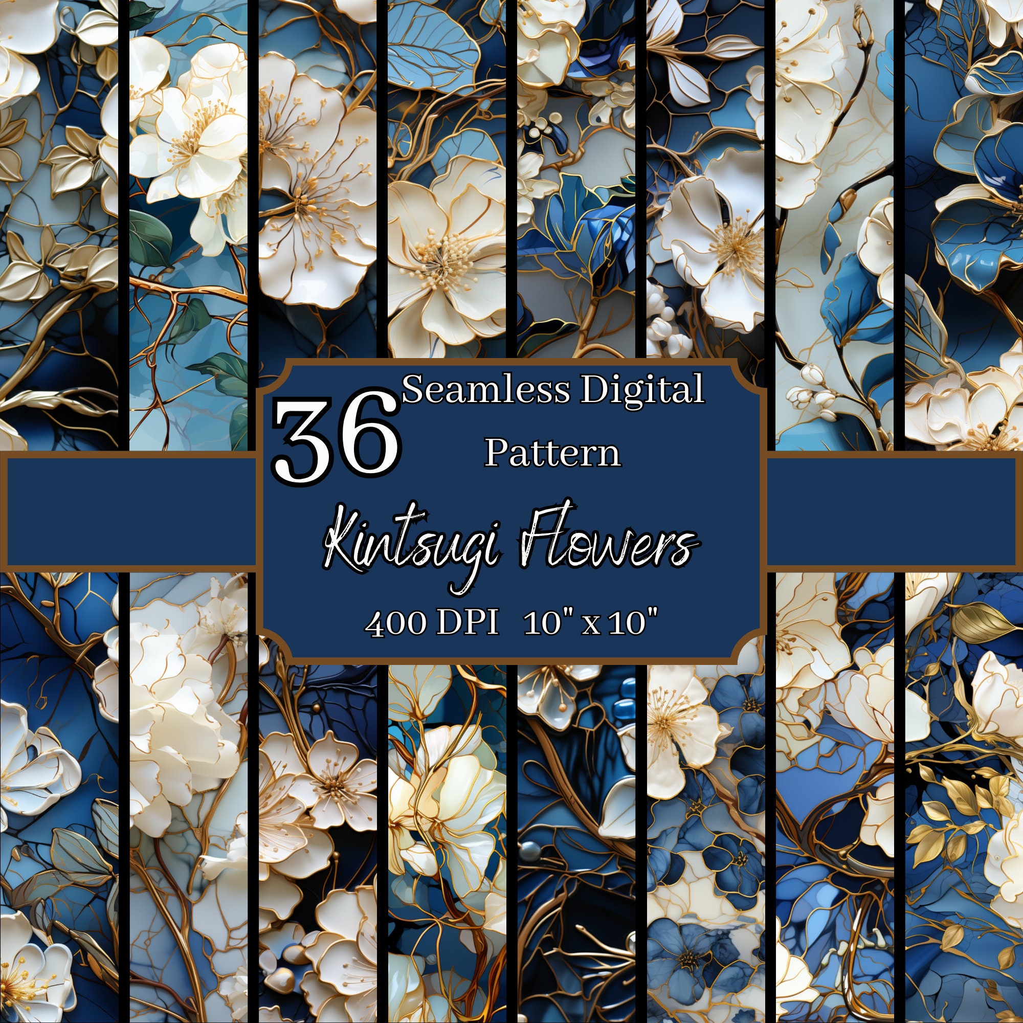 Kintsugi Flowers Seamless Patterns Bundle, Elegant 400 DPI, 10x10 Inch ...