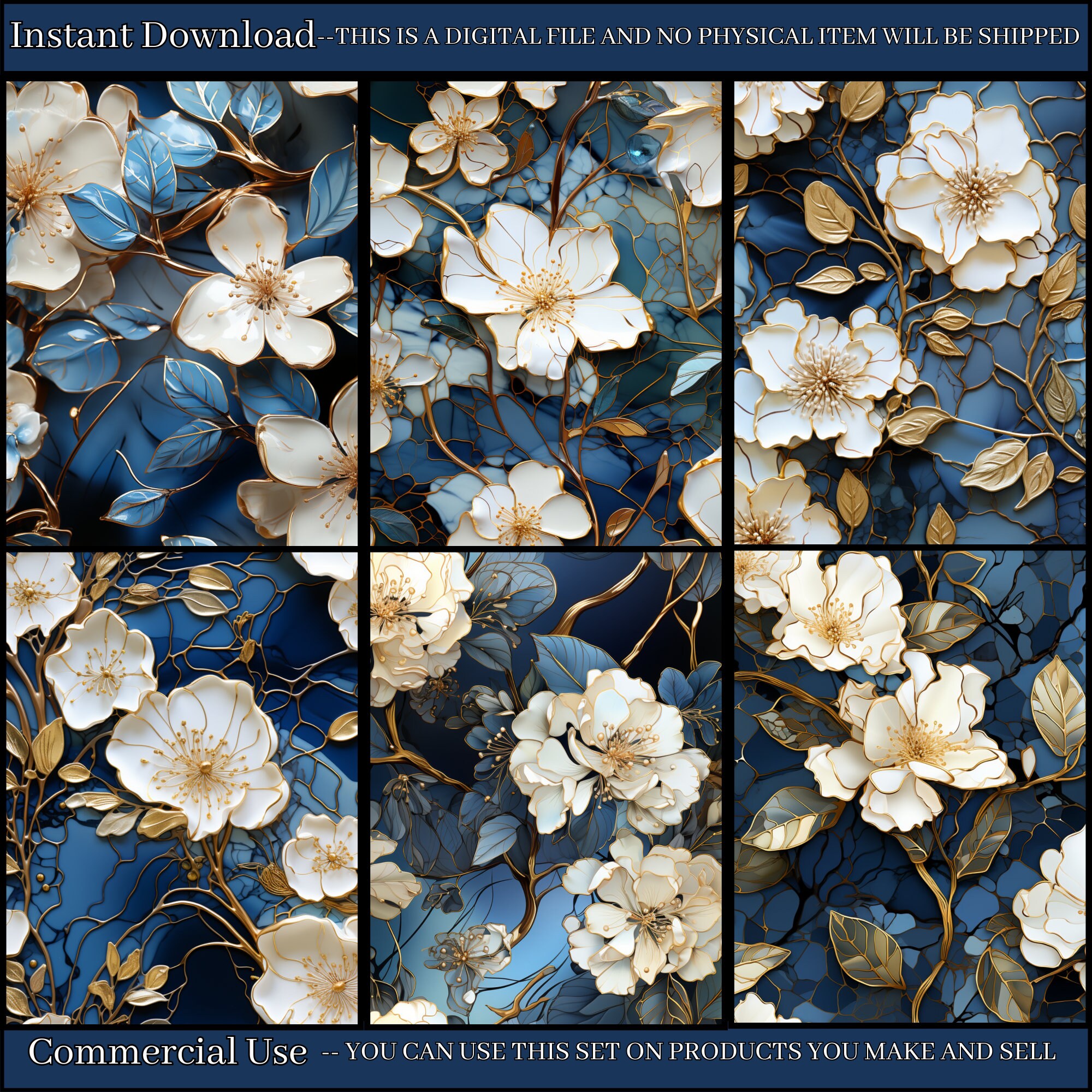 Kintsugi Flowers Seamless Patterns Bundle, Elegant 400 DPI, 10x10 Inch ...