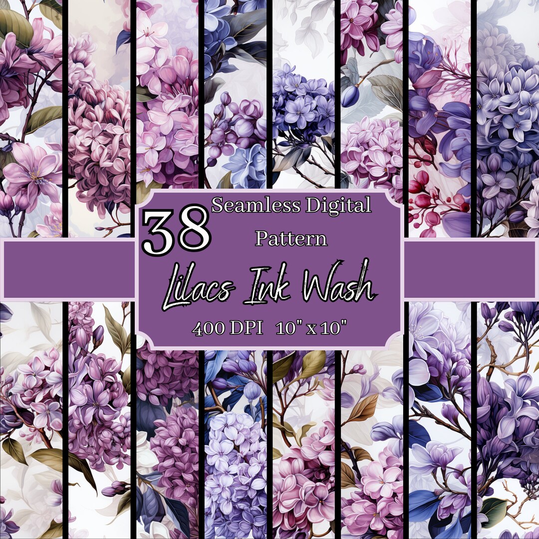 Lilacs Ink Wash Seamless Patterns Bundle, Tranquil 400 DPI, 10x10 Inch ...