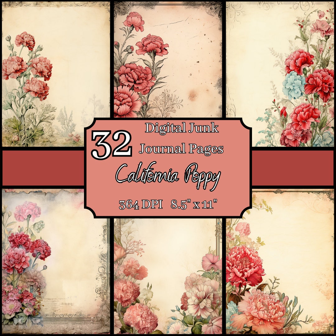 Carnation Junk Journal Pages Bundle, 8.5x11, 364 DPI, Commercial ...