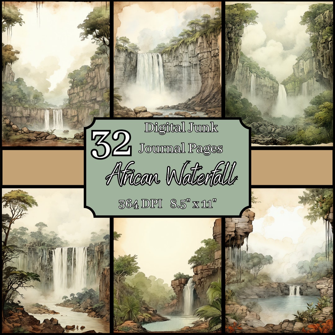 African Waterfall, Junk Journal Pages Bundle, 8.5x11, 364 DPI ...