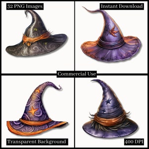Cute Cartoon Halloween Witch Hat Clipart Bundle, PNG, for Digital Art ...