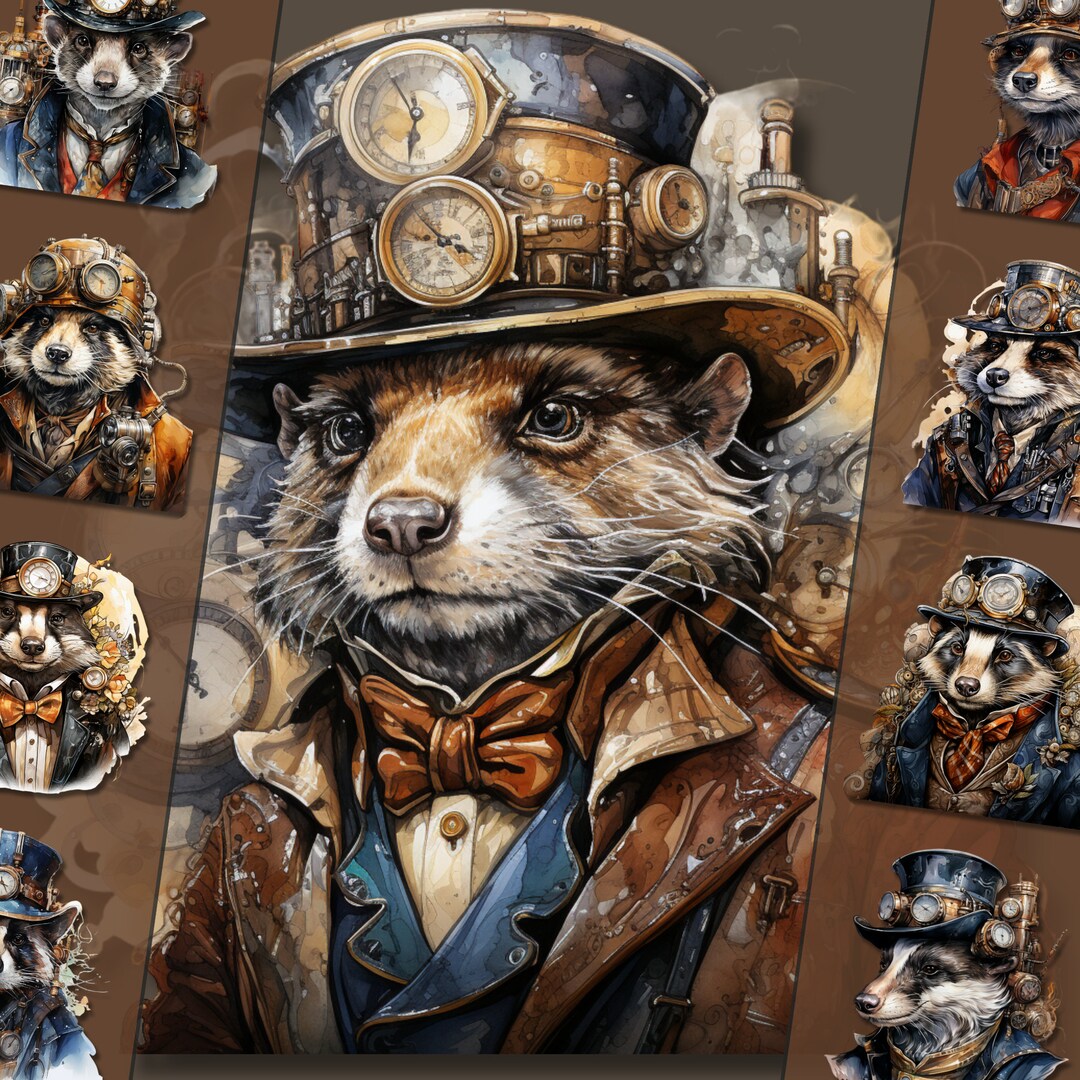 Steampunk Badger Clipart Bundle, PNG Clipart, Vintage Mechanized ...