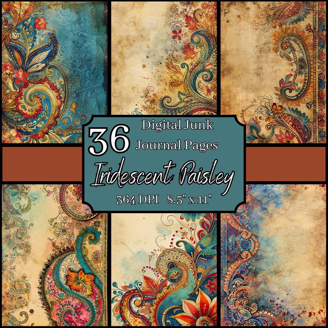 Iridescent Paisley Themed Old Vintage Junk Journal Pages Bundle, 8.5x11 ...