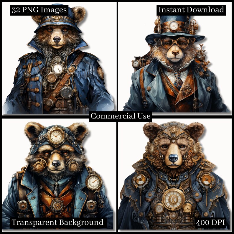 Steampunk Bear Clipart Bundle PNG Clipart Mechanical - Etsy