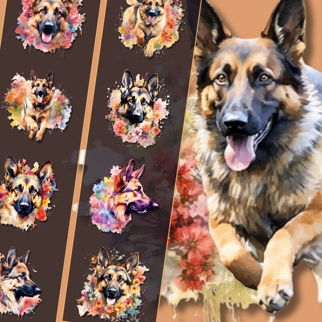 Floral German Shepherd Clipart Bundle Whimsical Dog Illustrations, PNG ...