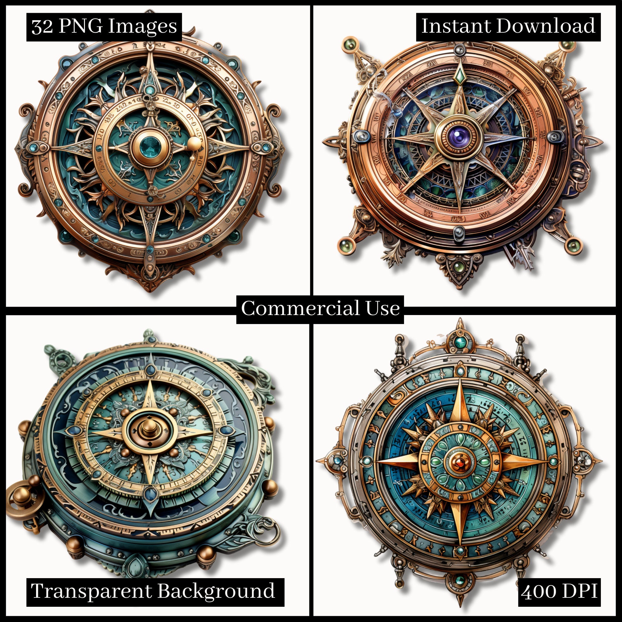 Ornate Compass Clipart Bundle, Intricate Navigation PNG Clipart ...